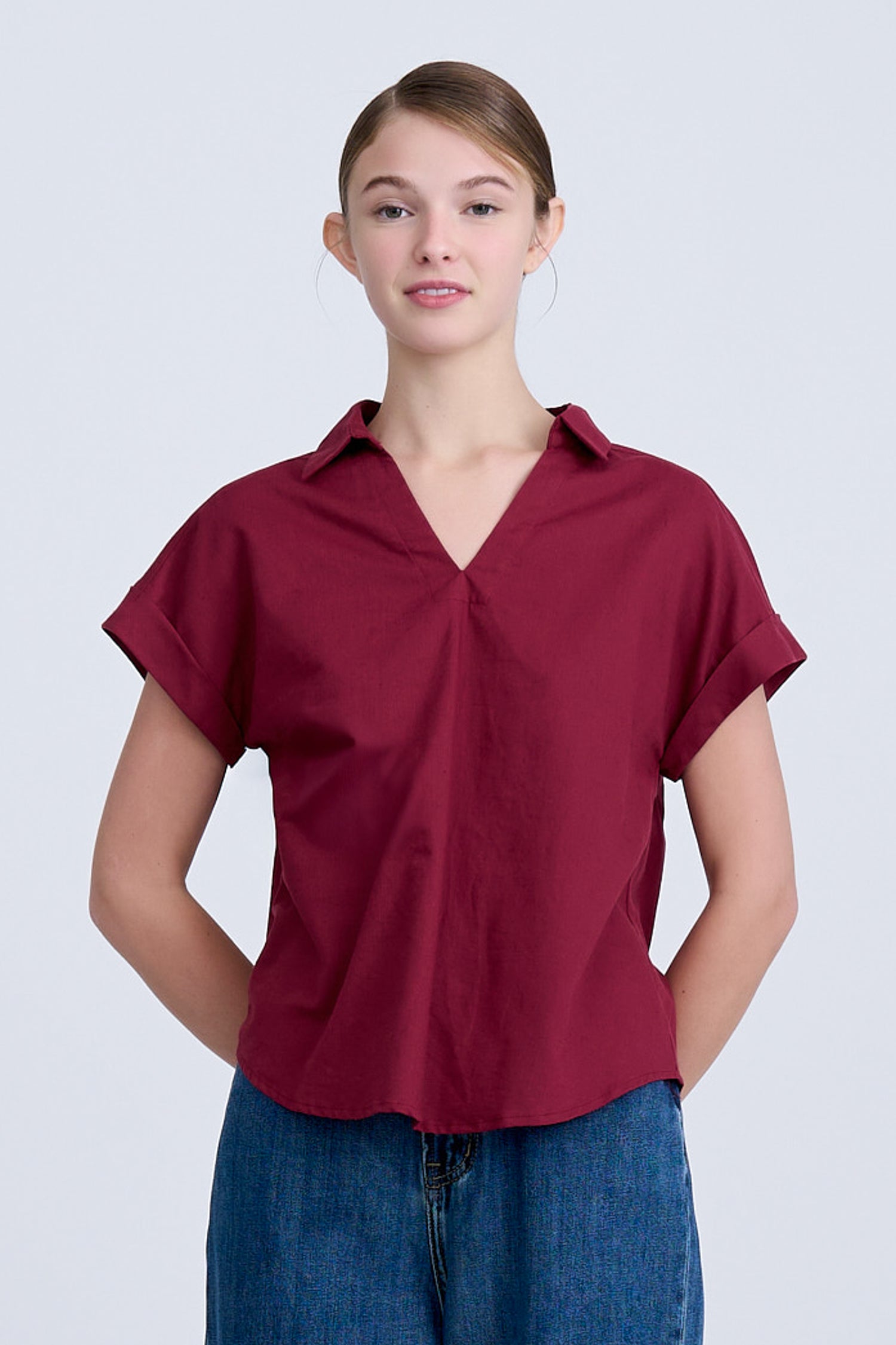 V-Collared Cap Sleeve Blouse - Burgundy – The Restyle Trait Malaysia